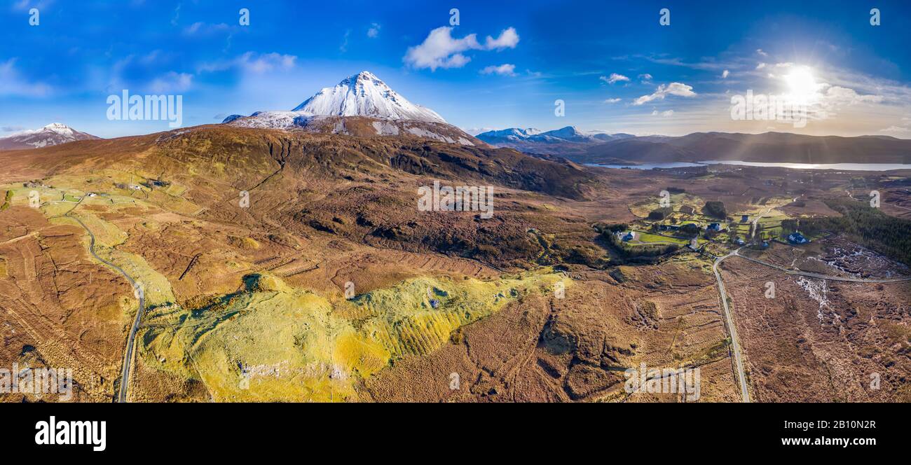 Aerial view of Mount Errigal, the highest mountain in Donegal, seen ...