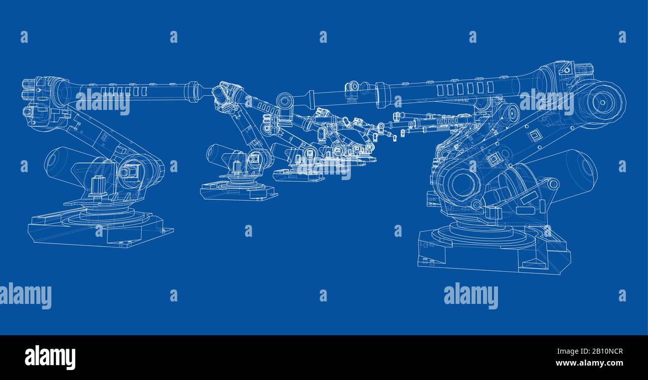 A industral robots manipulators. Blueprint style. Vector rendering from ...
