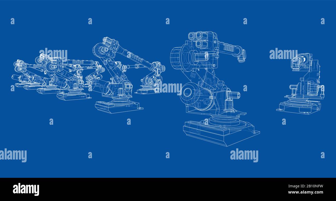 A industral robots manipulators. Blueprint style. Vector rendering from ...