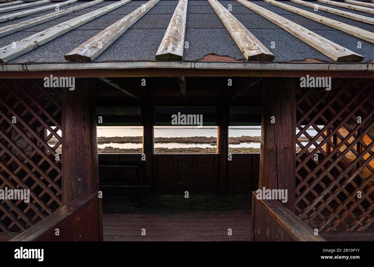 Wooden cabin for bird watching in the Ebro river delta, Spain Stock ...
