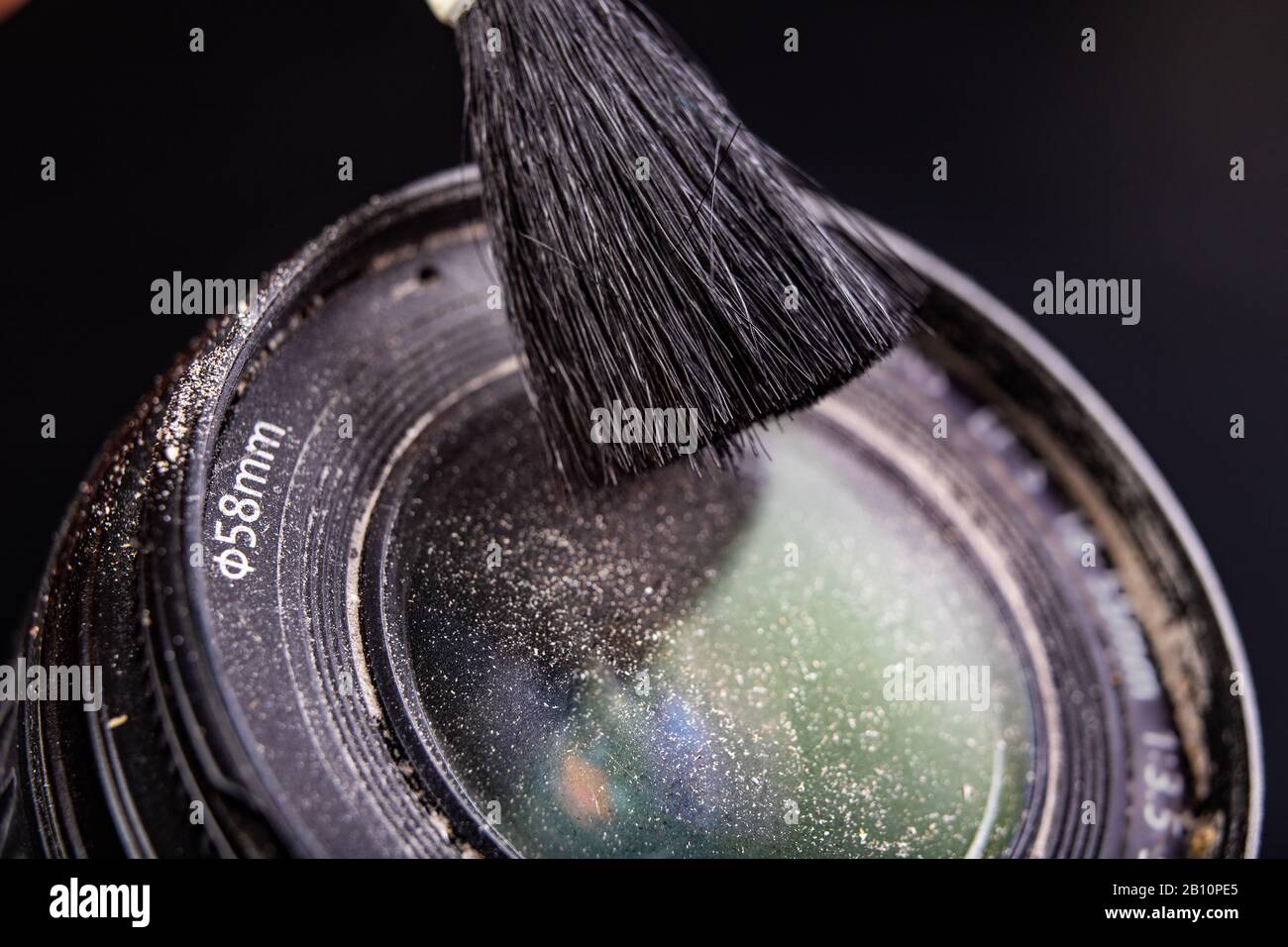 Very dirty lens of the photographic lens. Dust and dirt on the lens for ...