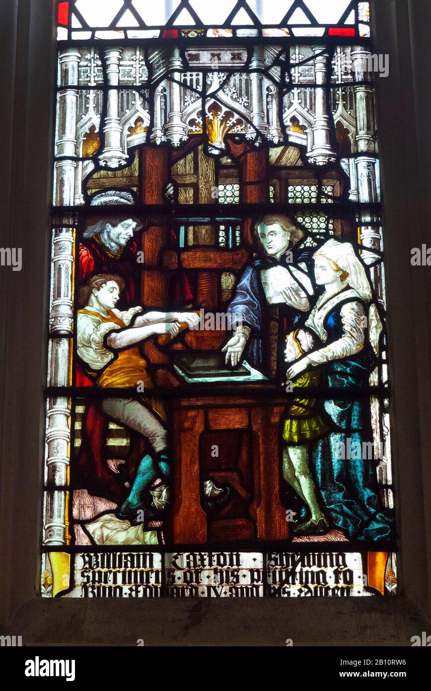 Stained glass window showing William Caxton, King Edward IV and ...