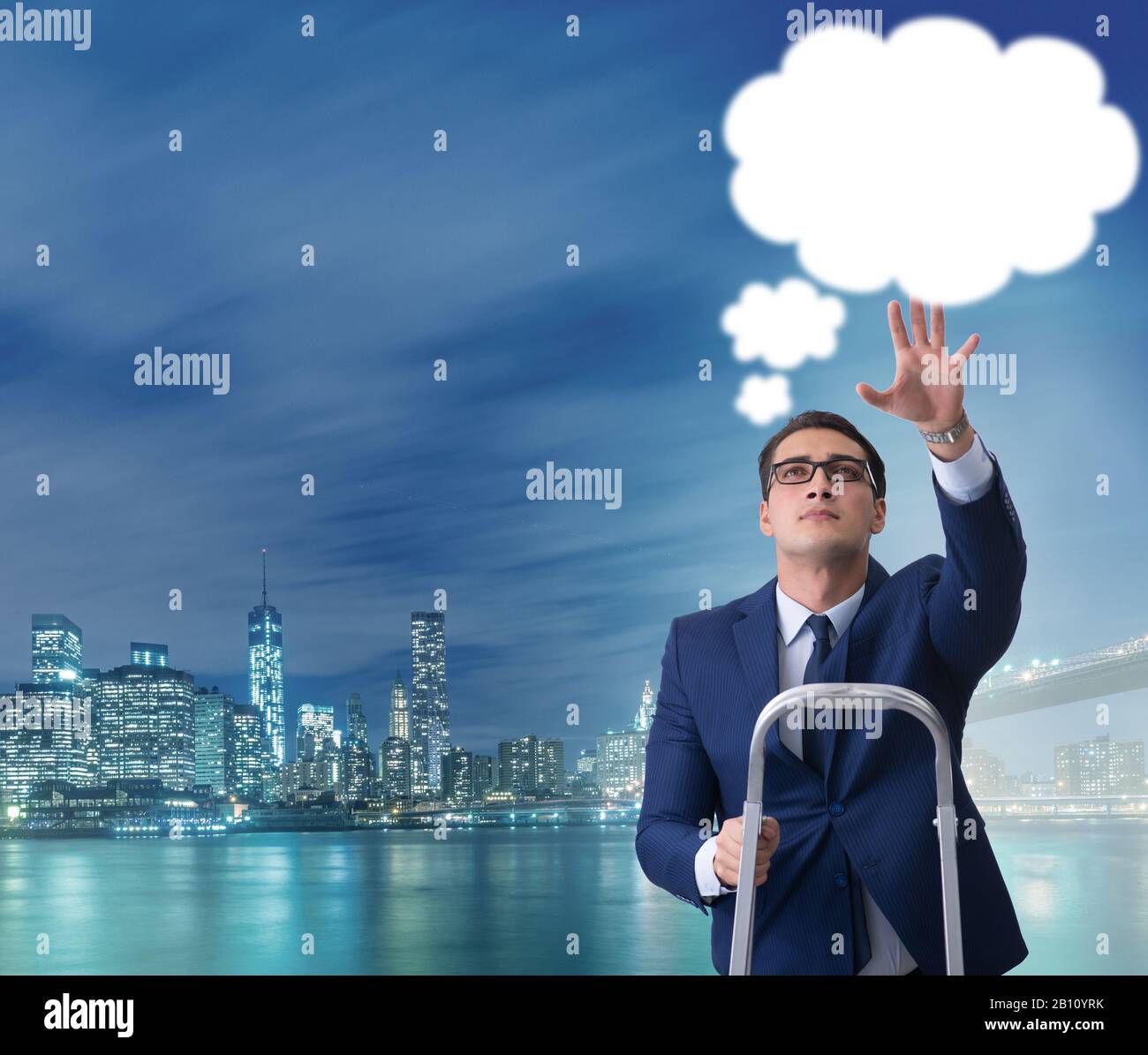 The businessman reaching out to callout message Stock Photo - Alamy