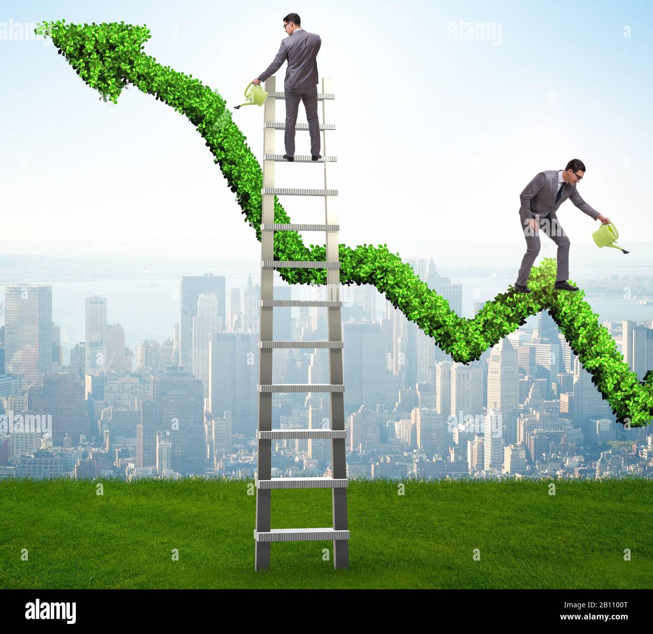 The businessman in investment concept watering financial line chart ...