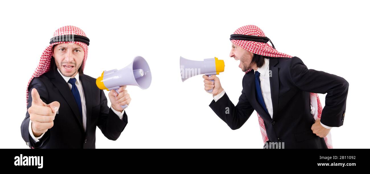 The arab yelling with loudspeaker isolated on white Stock Photo - Alamy