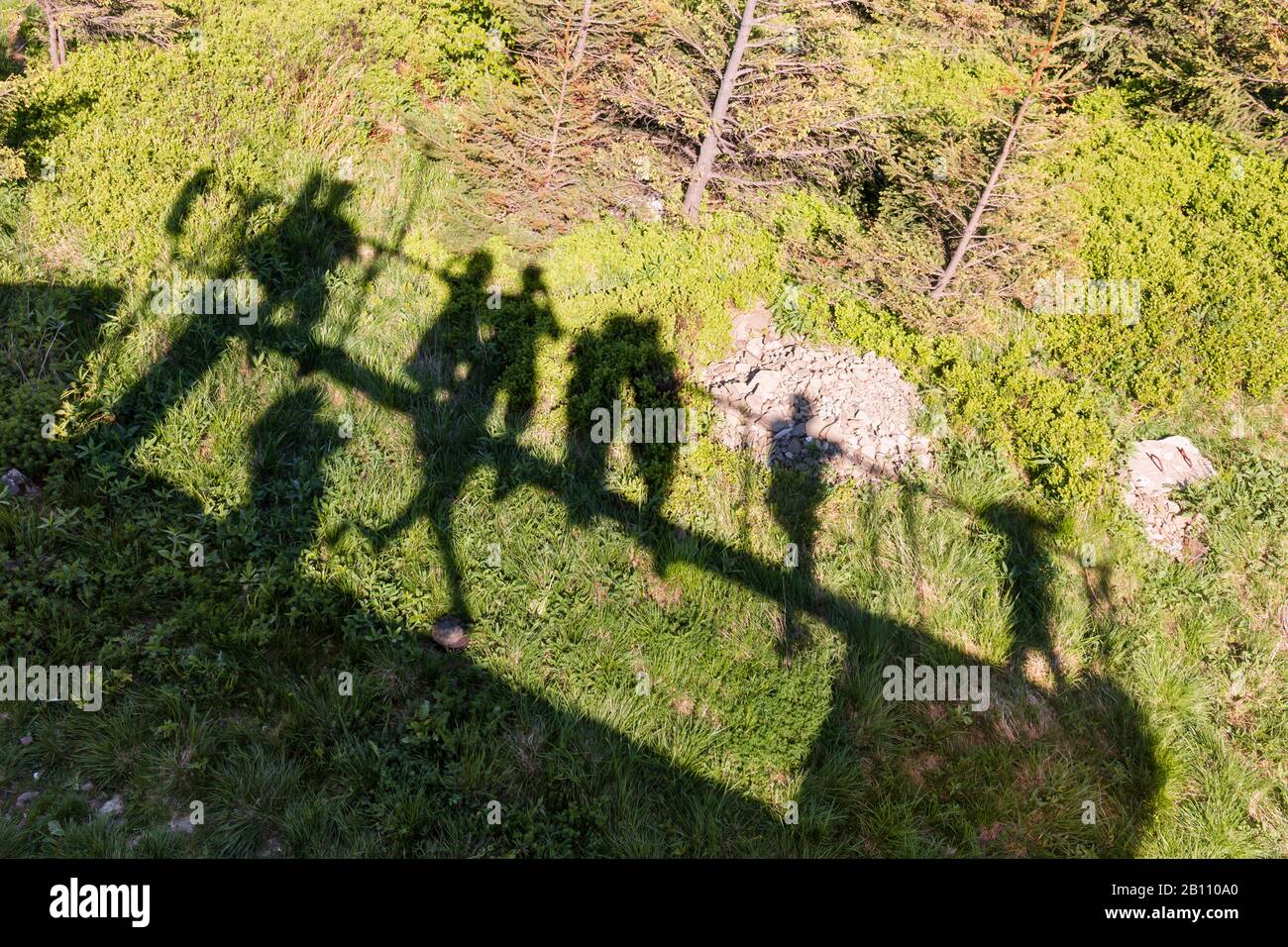 Happy shadows on a walk . Green background Stock Photo - Alamy