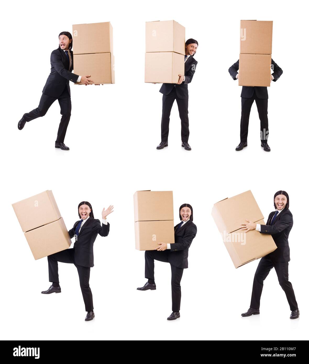 The funny man with boxes on white Stock Photo - Alamy