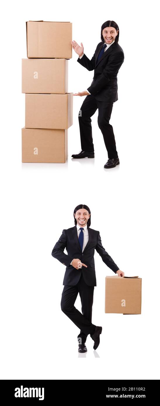 The funny man with boxes on white Stock Photo - Alamy