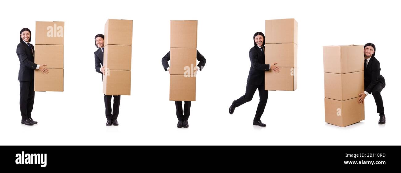 The funny man with boxes on white Stock Photo - Alamy