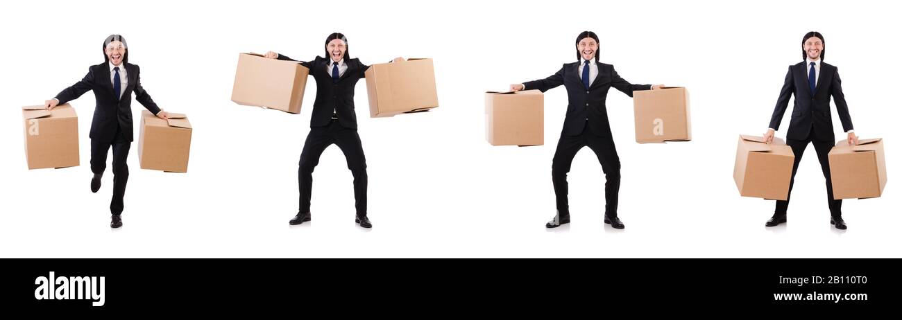 The funny man with boxes on white Stock Photo - Alamy