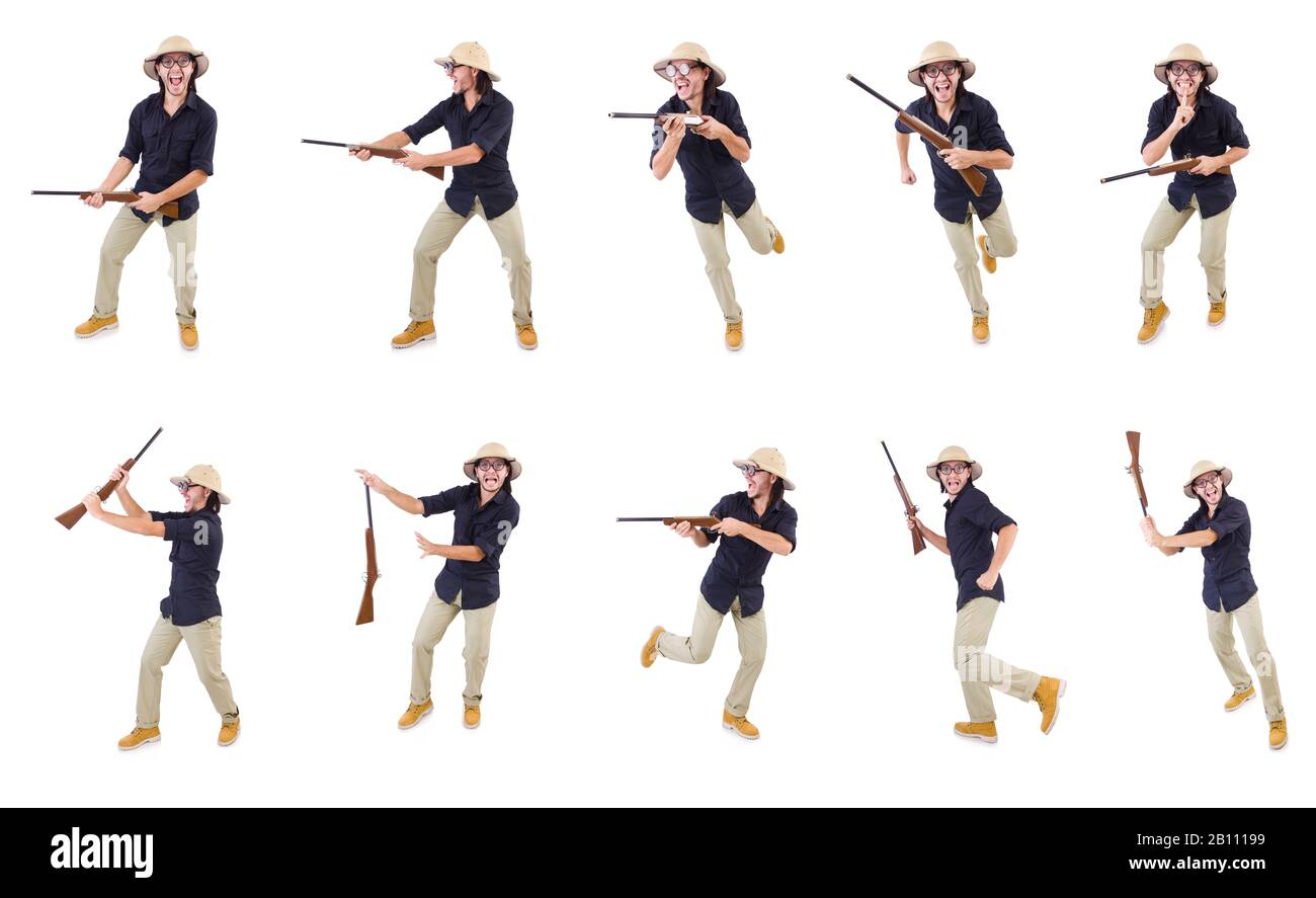 The funny hunter wearing safari hat Stock Photo - Alamy