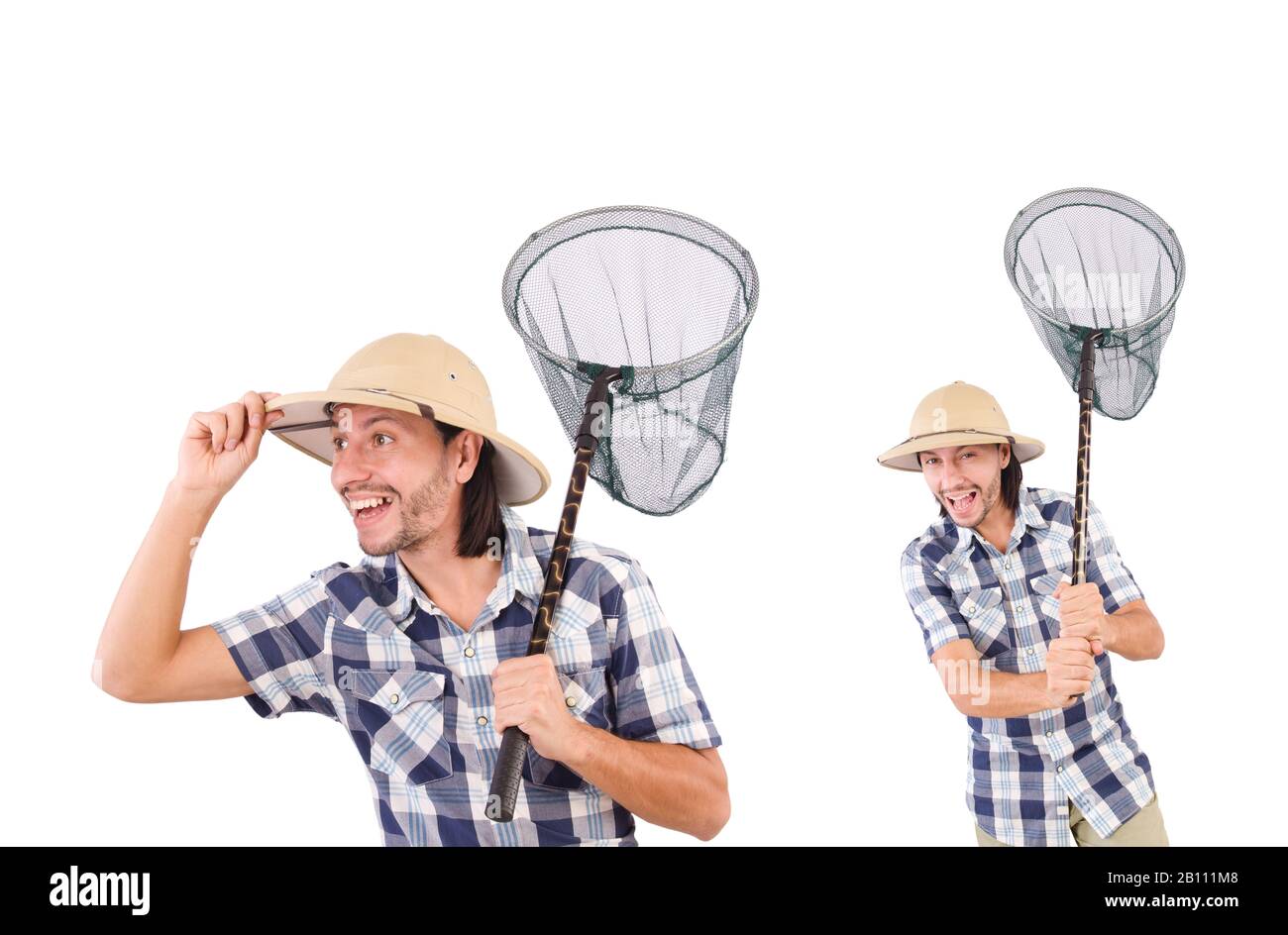 The funny guy with catching net on white Stock Photo - Alamy