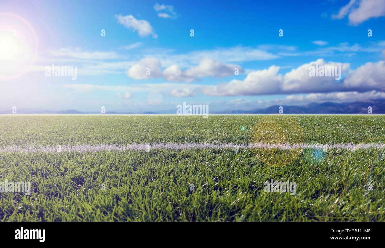 Grass field, fresh green lawn sport terrain, blue cloudy sky. Grass ...