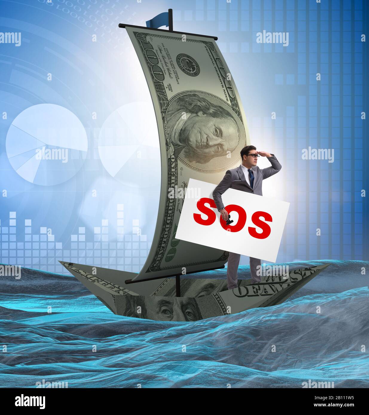 The businessman asking for help with sos message on boat Stock Photo ...