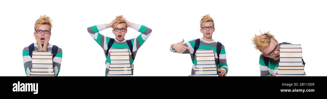 The funny student with stack of books Stock Photo - Alamy