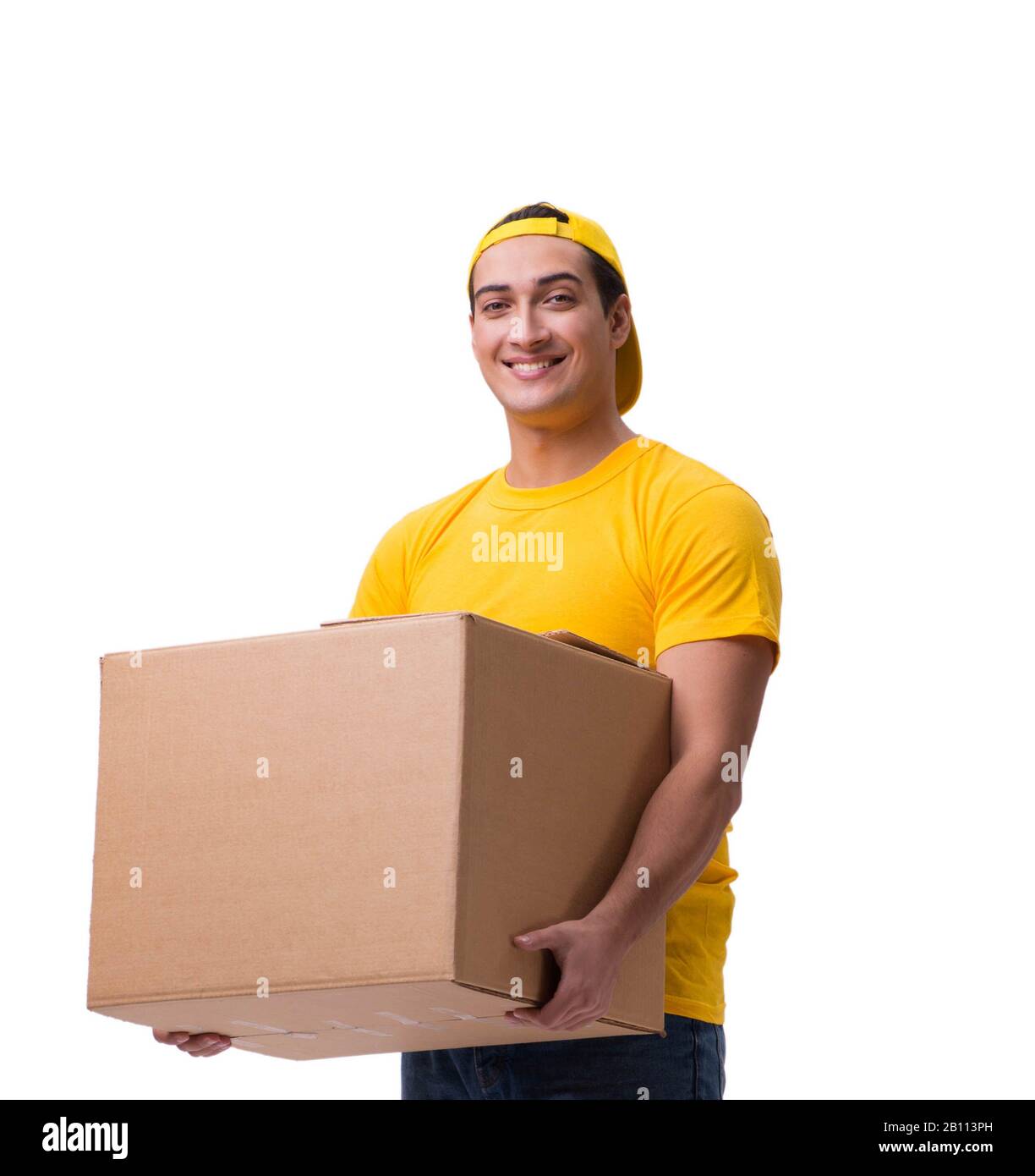 The funny delivery boy with box isolated on white Stock Photo - Alamy