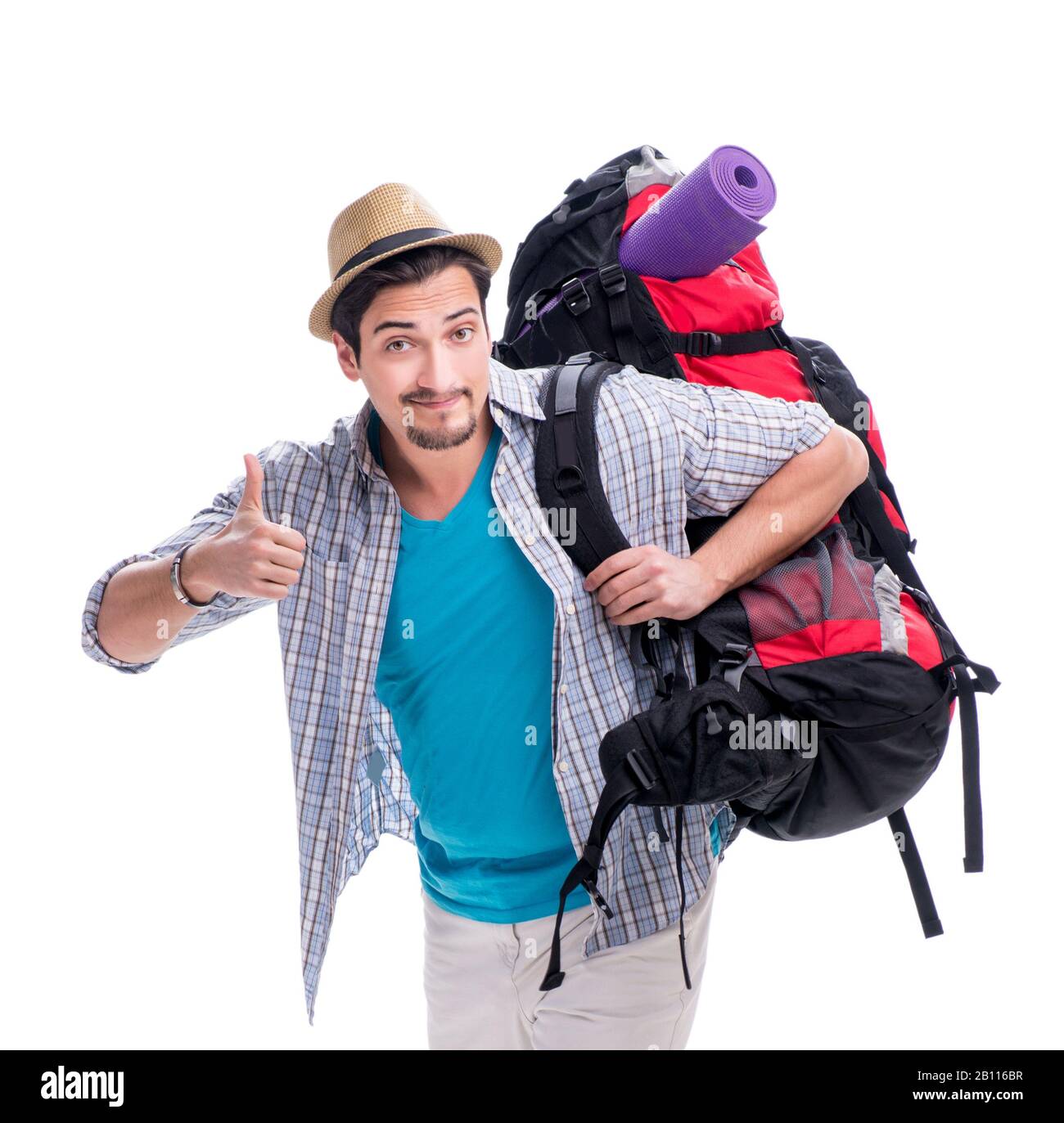 The backpacker with large backpack isolated on white Stock Photo - Alamy