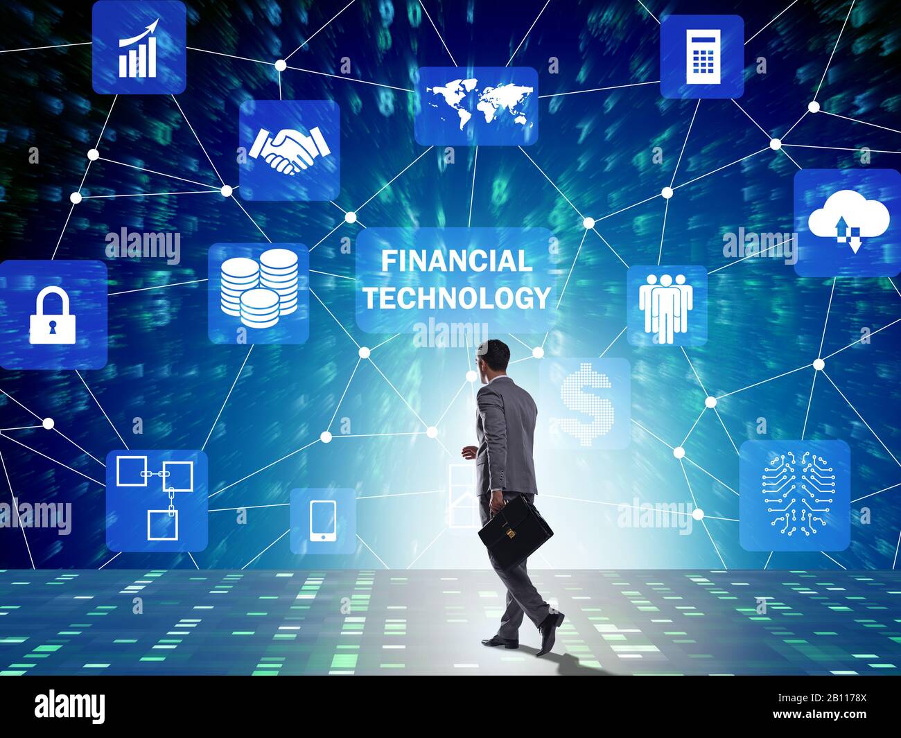 The businesswoman walking towards financial technology fintech Stock ...
