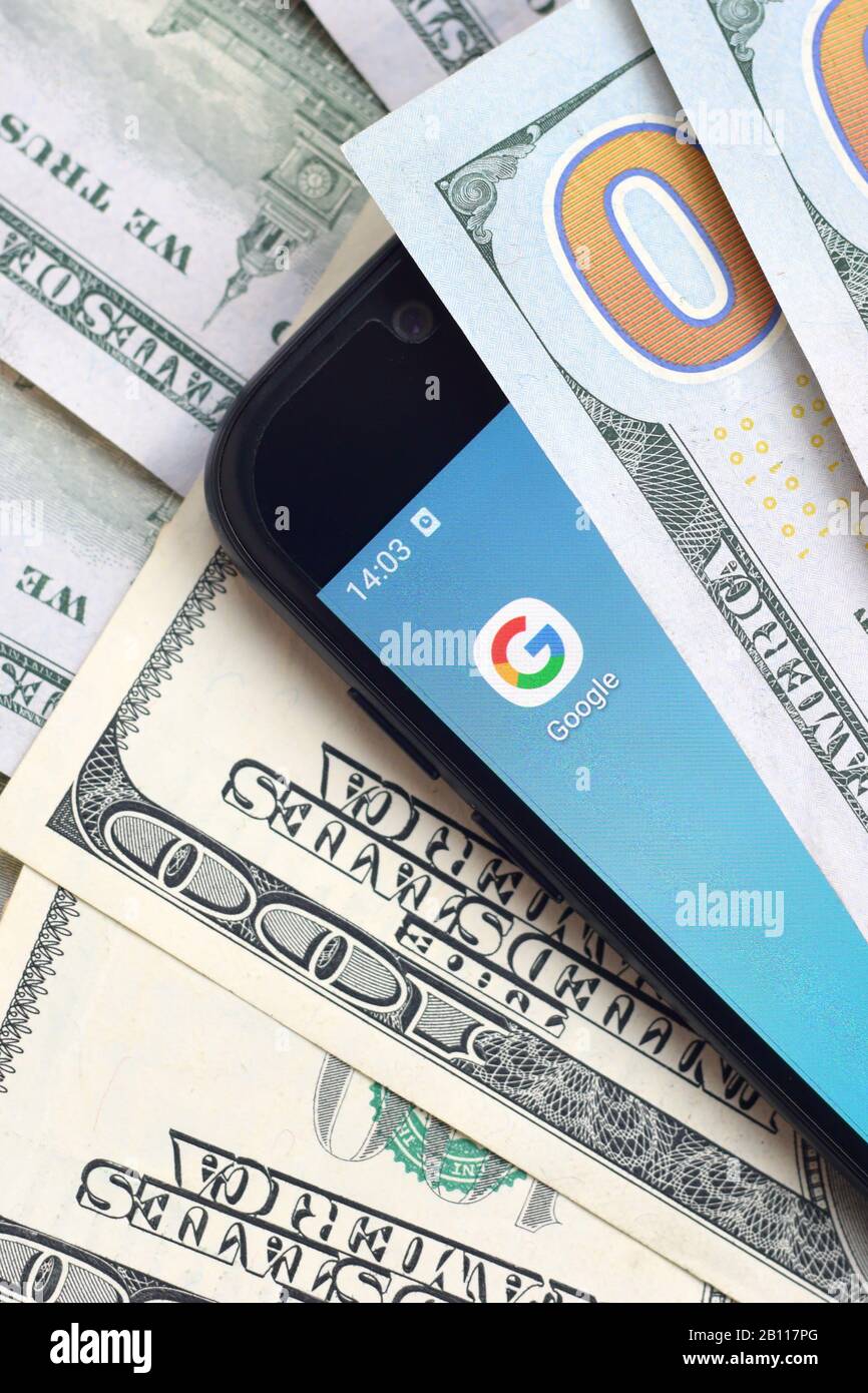 KHARKOV, UKRAINE - FEBRUARY 6, 2020: Smartphone screen with Google app ...