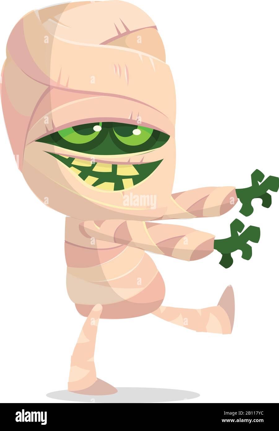 Cartoon walking mummy character with green eyes. Vector clip art ...