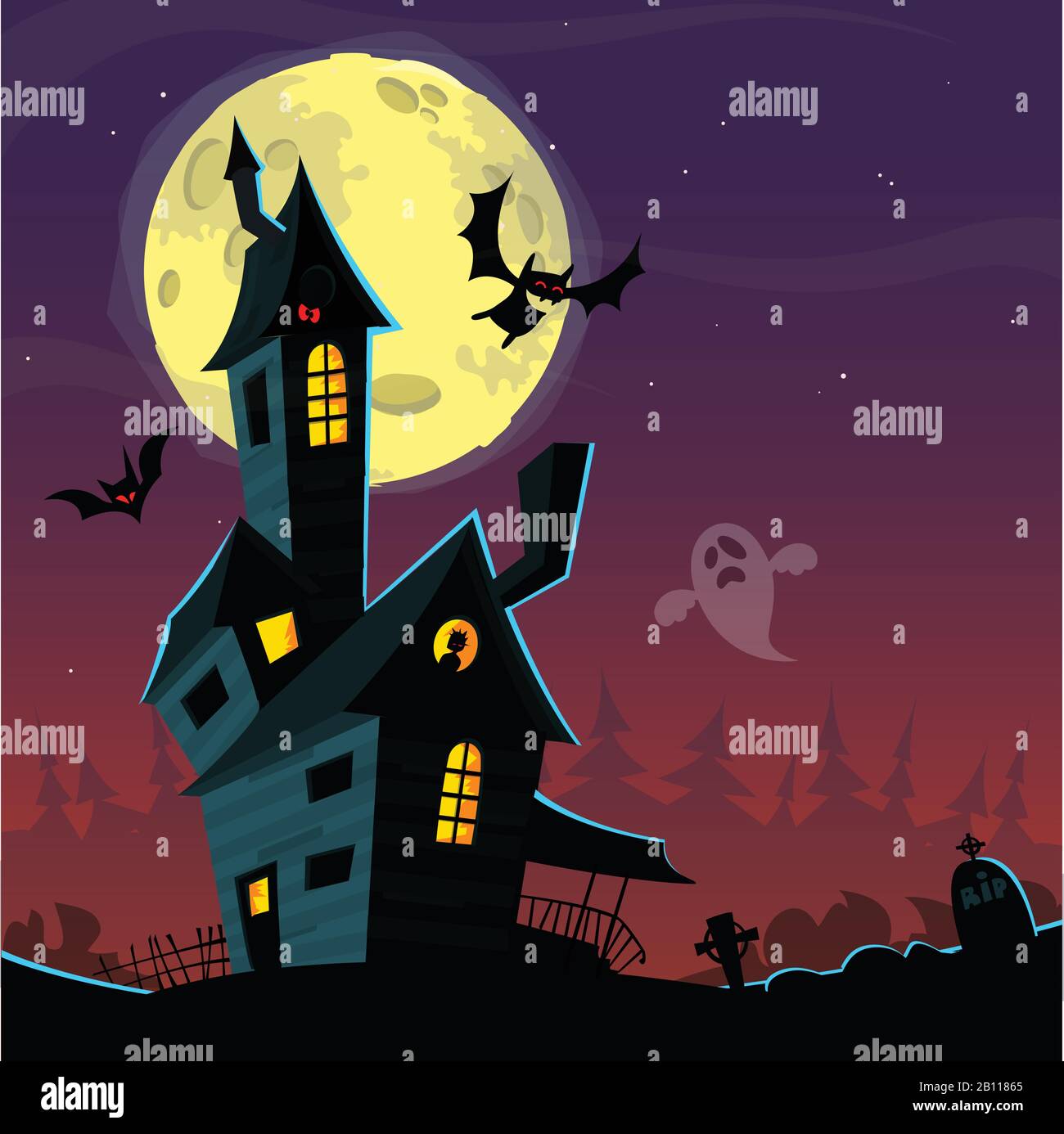 Spooky old ghost house. Halloween cardposter. Vector illustration Stock ...
