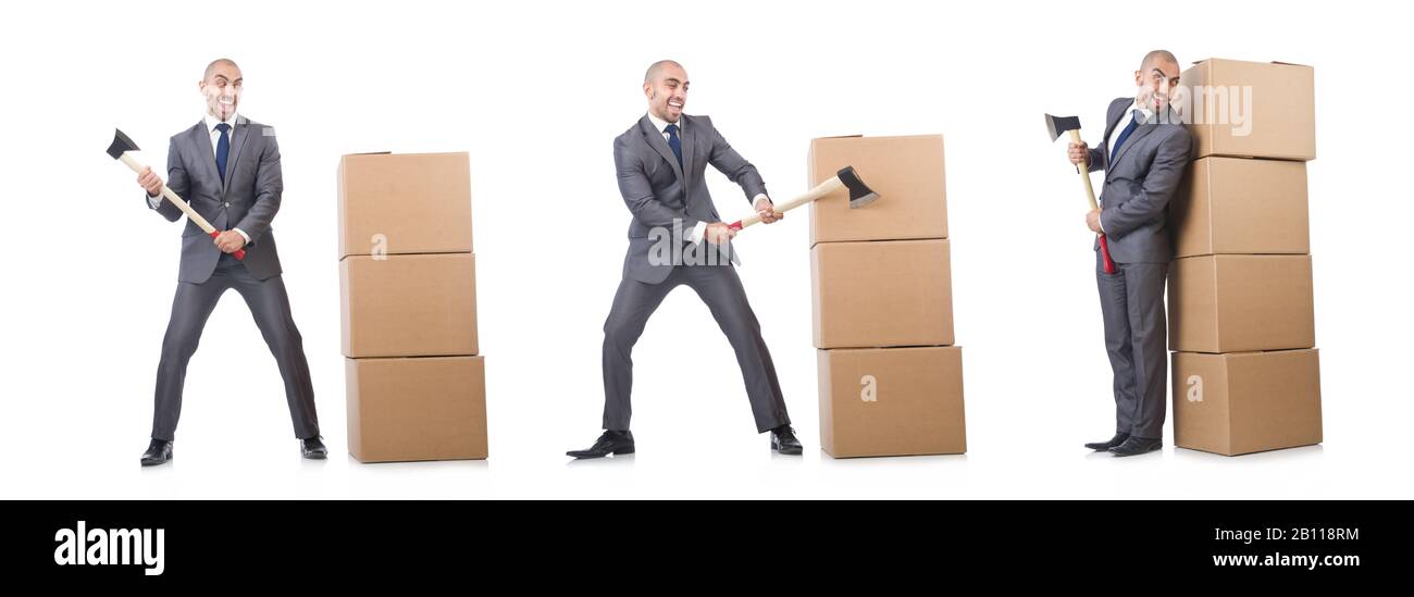 The man with axe and boxes on white Stock Photo - Alamy