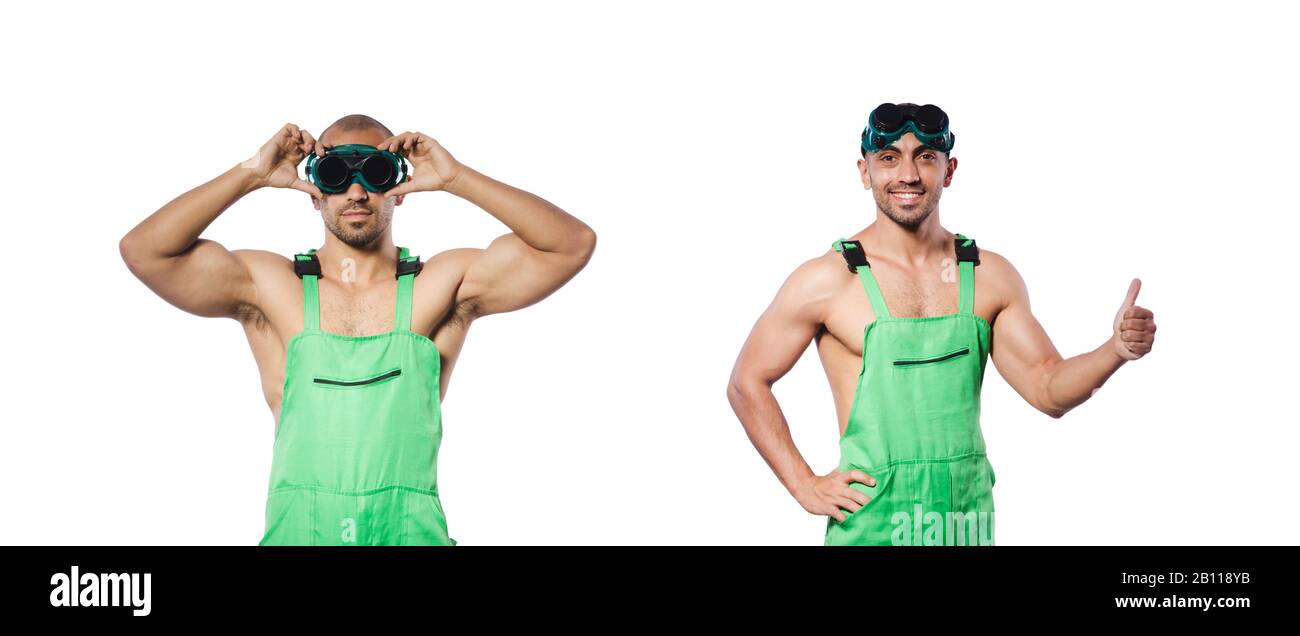 The man in green coveralls with goggles Stock Photo - Alamy