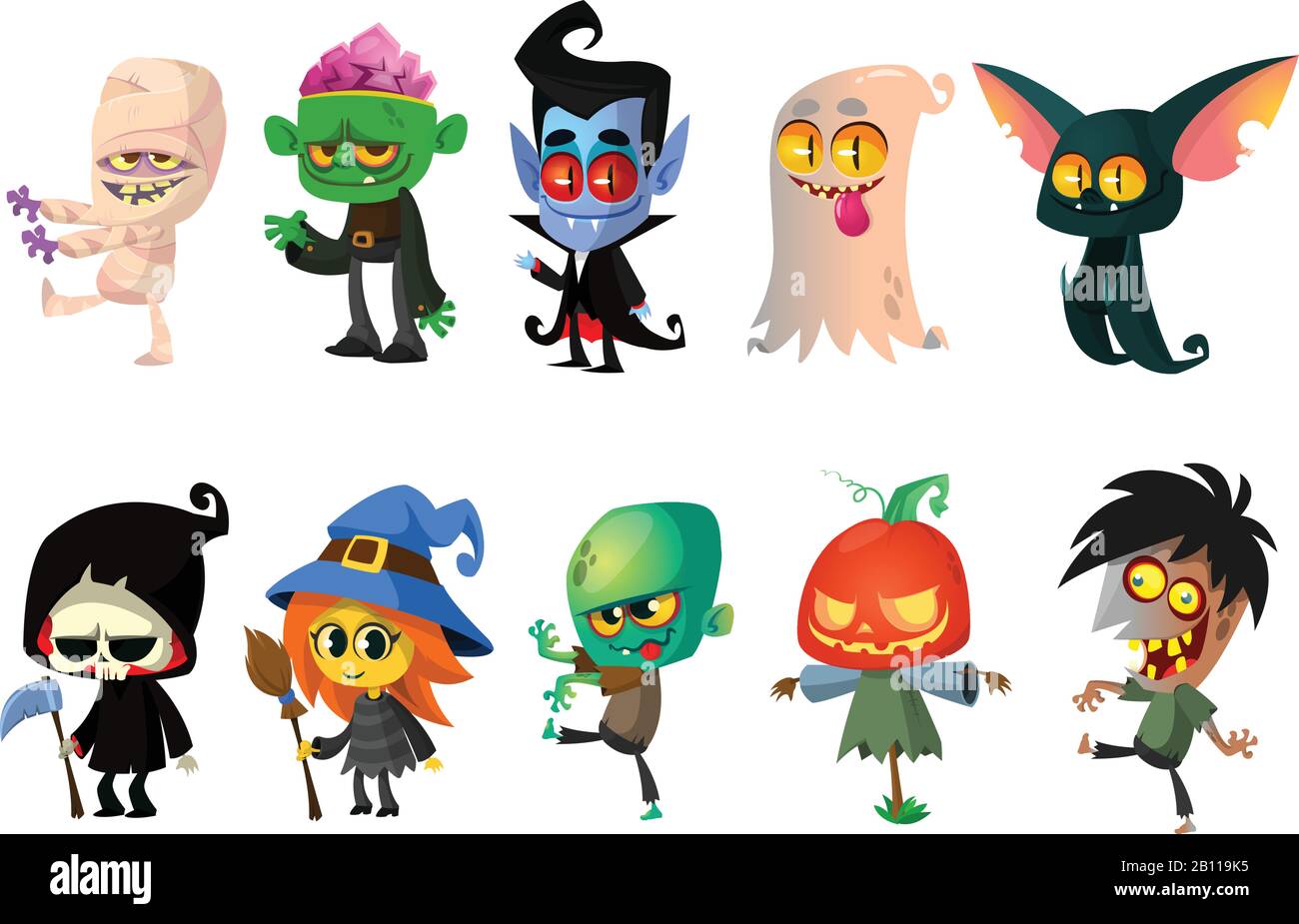 Set of Halloween characters. Vector mummy, zombie, vampire, ghost, bat ...