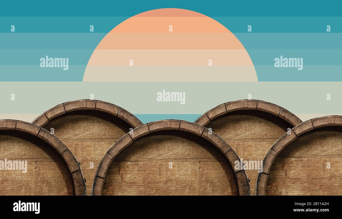 Old Wooden barrel and abstract surreal collage concept, contemporary ...