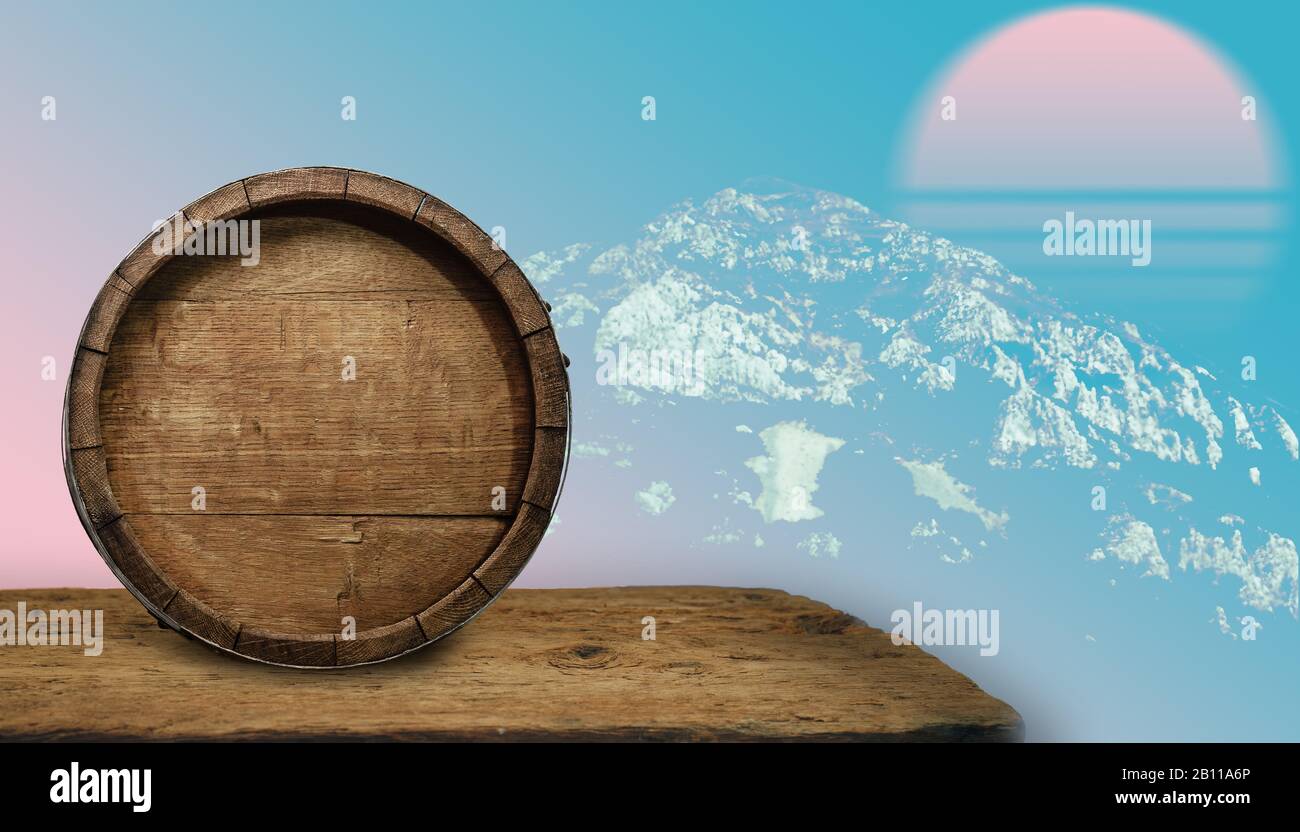 Old Wooden barrel and abstract surreal landscape collage concept ...