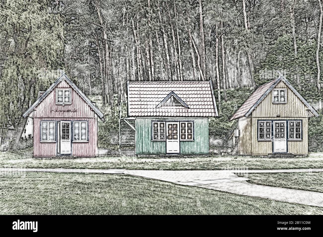Three colorful wooden houses in the center of Nida (Nidden), Neringa ...