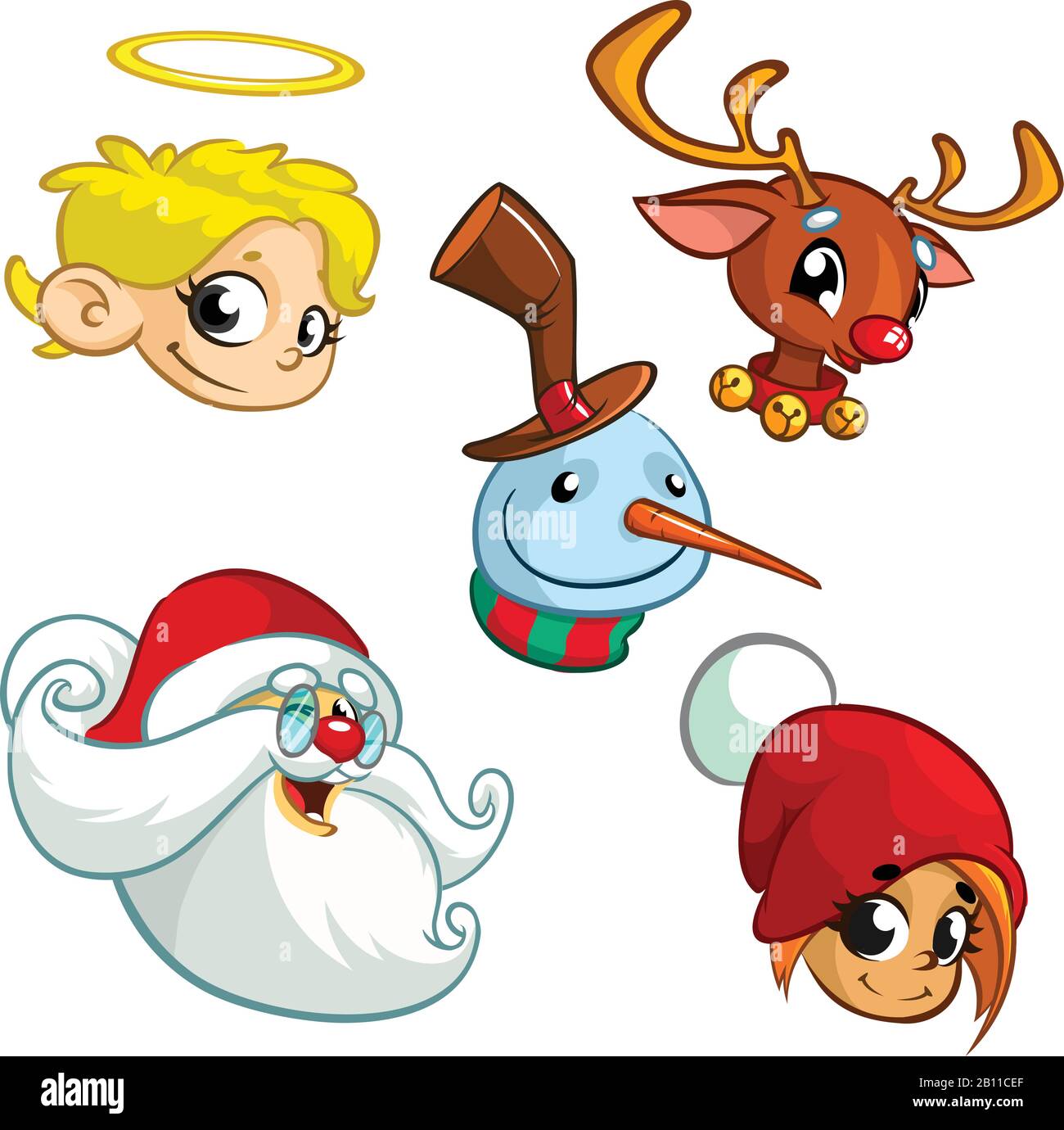 Set of Christmas characters. Vector cartoon head icons of Santa Claus ...
