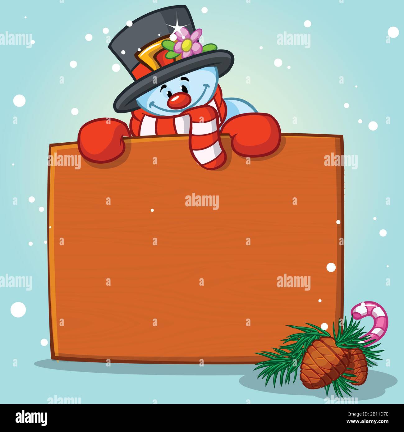 Vector portrait of snowman holding blank wooden sign with space for ...