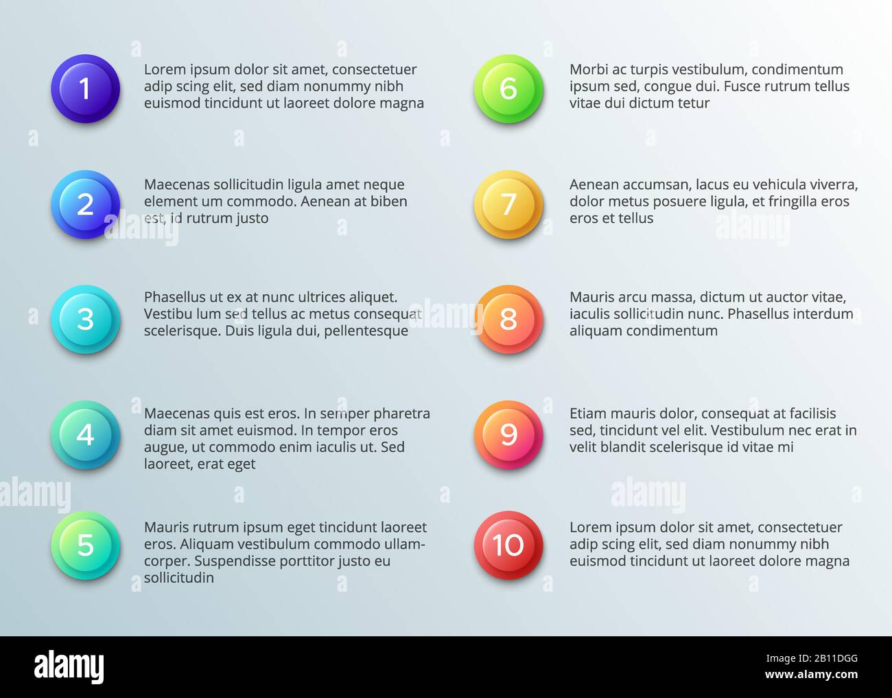 Text with number bullets. Ten pointing paragraph layout with number buttons. Vector infographics ...