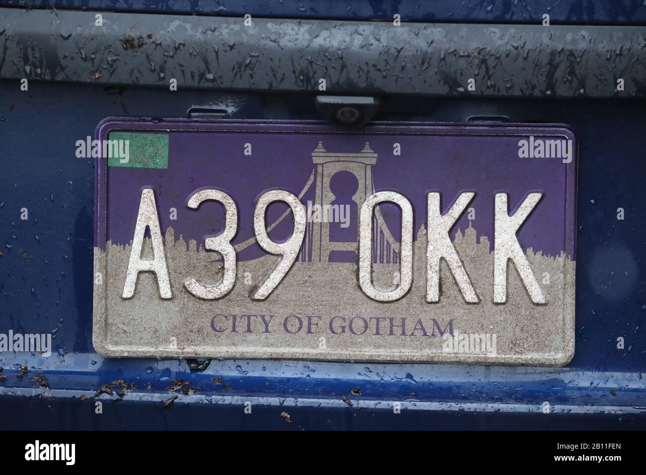 A City of Gotham number plate on a car during filming in Glasgow for a ...