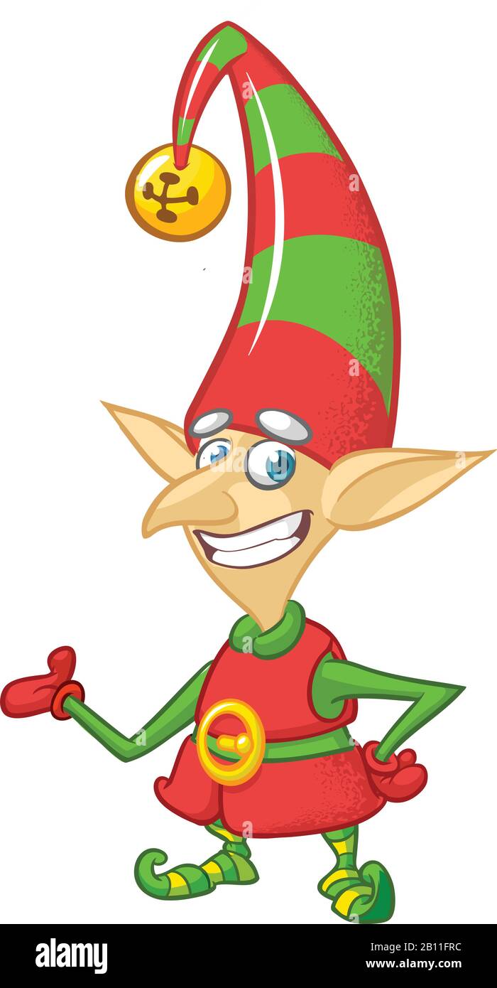 Cute cartoon little boy Santa helper elf stand on white background ...