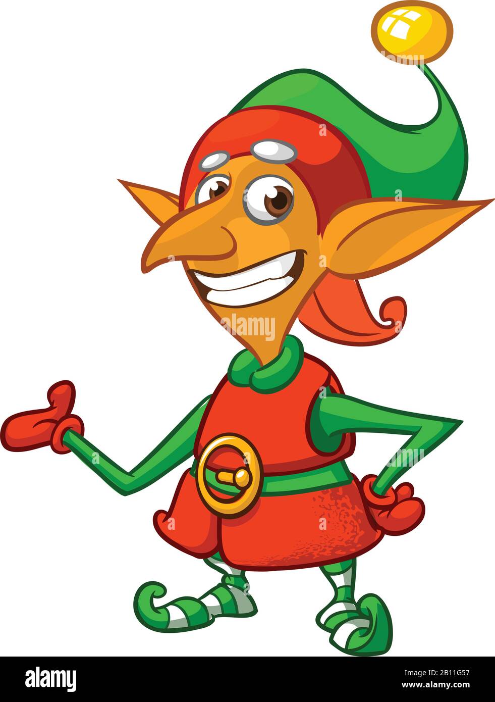 Cute cartoon little boy Santa helper elf stand on white background ...