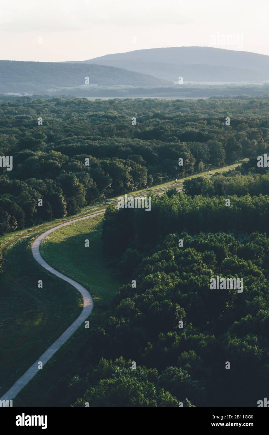 Curved bicycle road through the forest. Vintage photo Stock Photo - Alamy