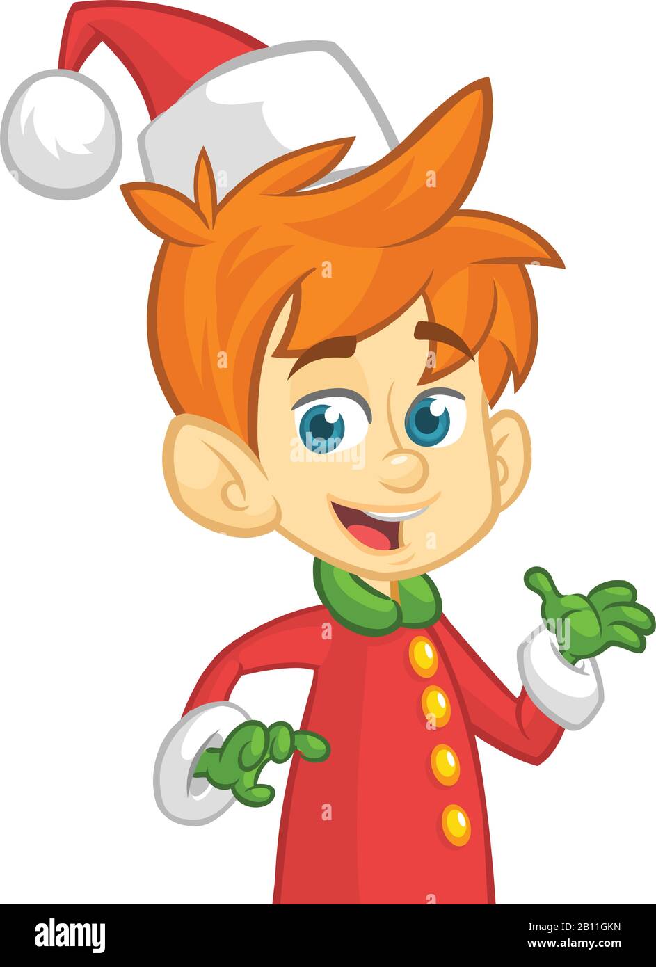 Cute cartoon little boy Santa helper elf stand on white background ...