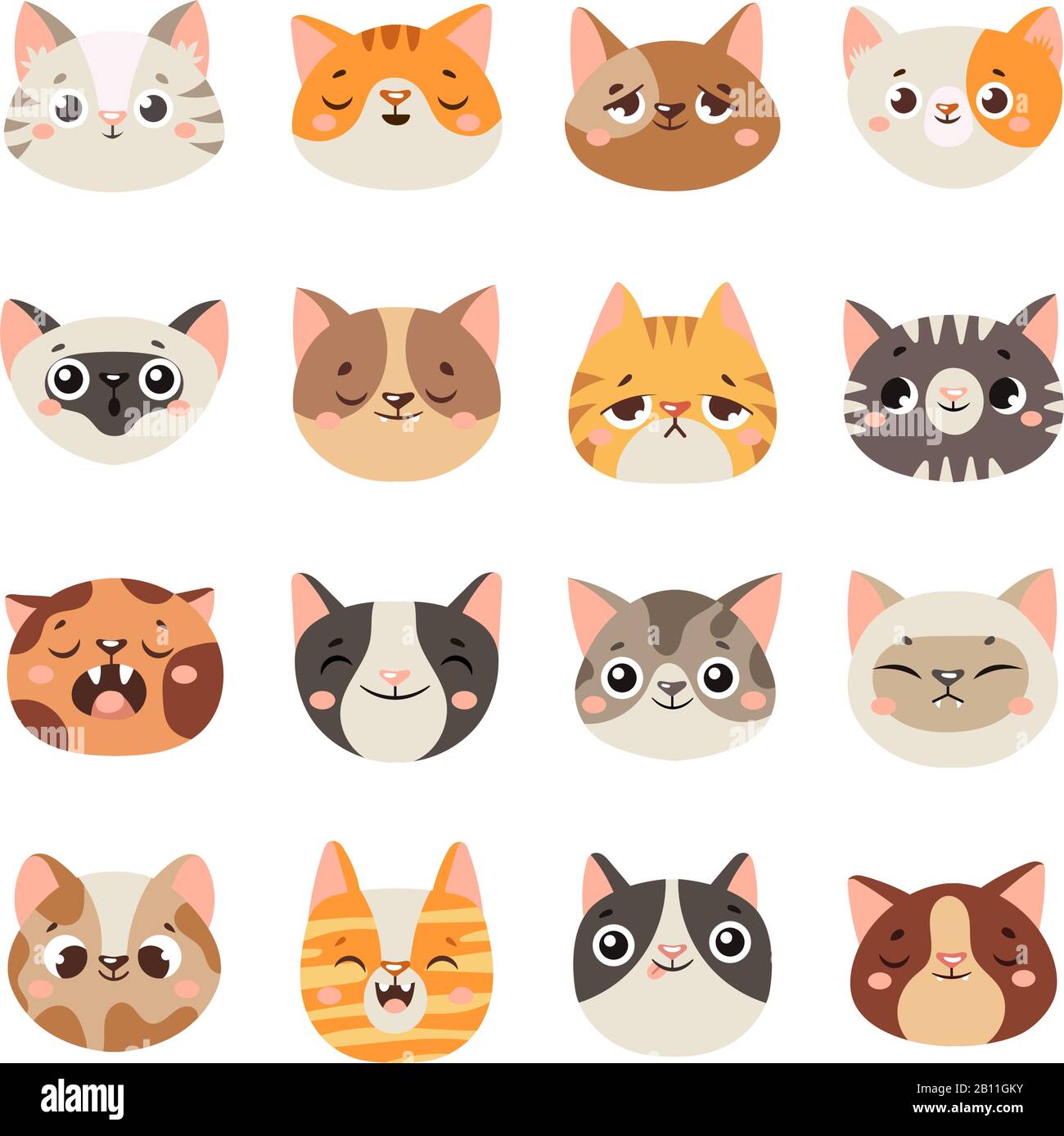 Cute cats faces. Happy animals, funny kitten smiling mouth and crying ...