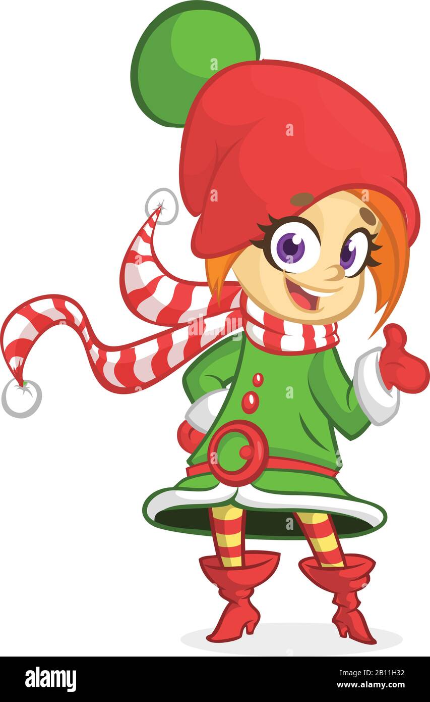 Cute Santa helper girl shows on a white blank banner. Cartoon vector ...