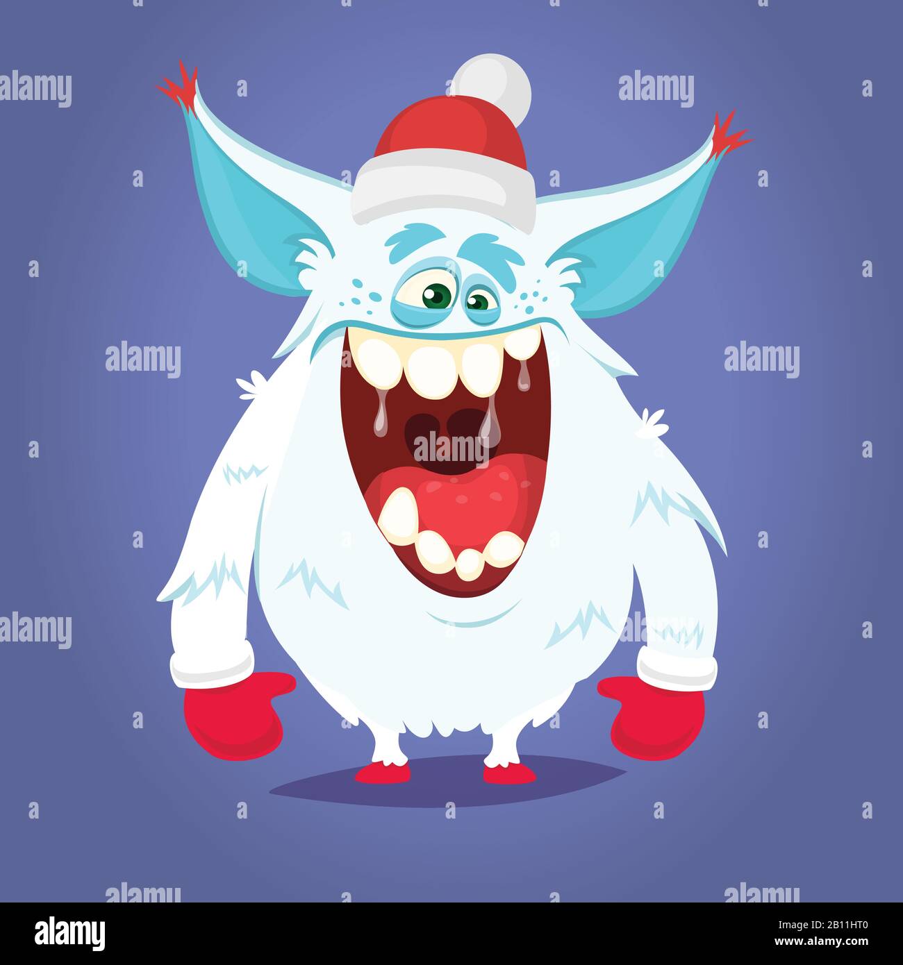 Funny cartoon monster wearing Santa Claus hat. Christmas illustration ...