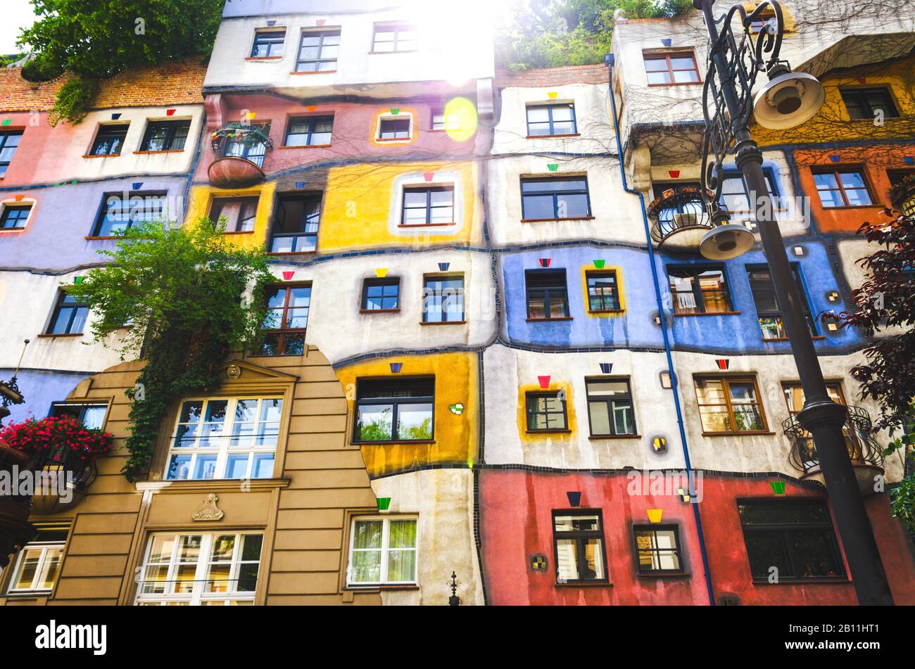 Scenic view of colorful building on city street in Vienna, Austria ...