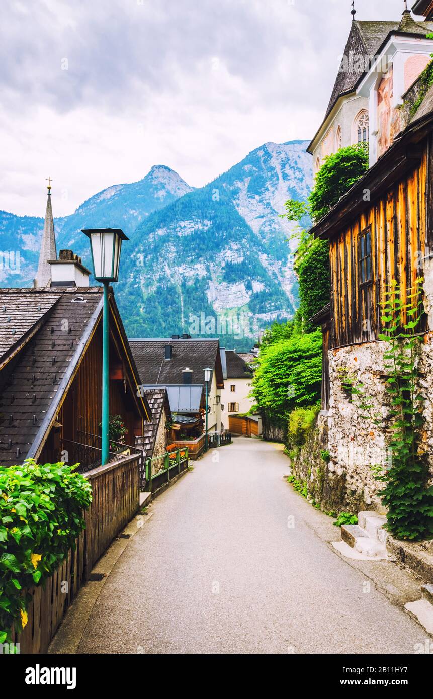 Beautiful view of the street in Hallstatt village in cloudy day ...