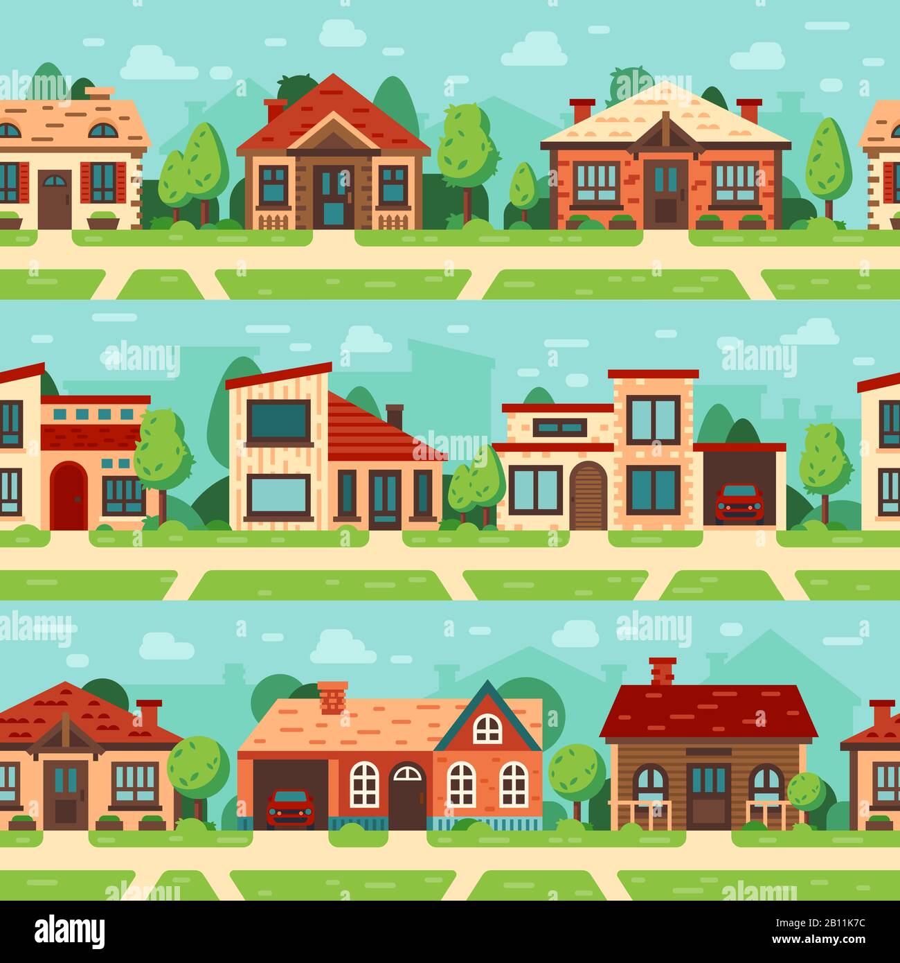 Seamless suburban houses. Panoramic cityscape with house exterior ...
