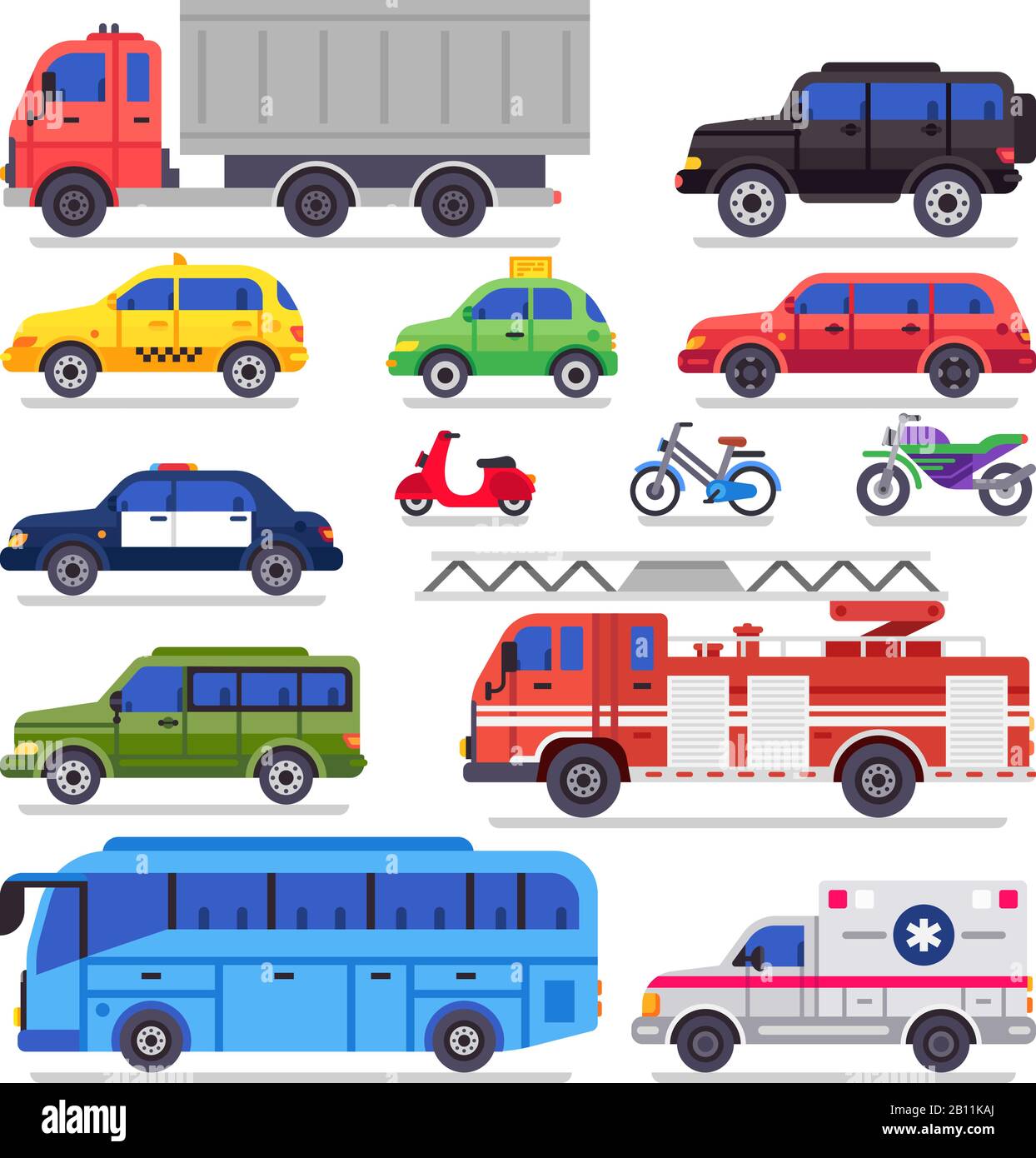 Flat auto transport. City road car, bicycle and motorcycle. Ambulance ...