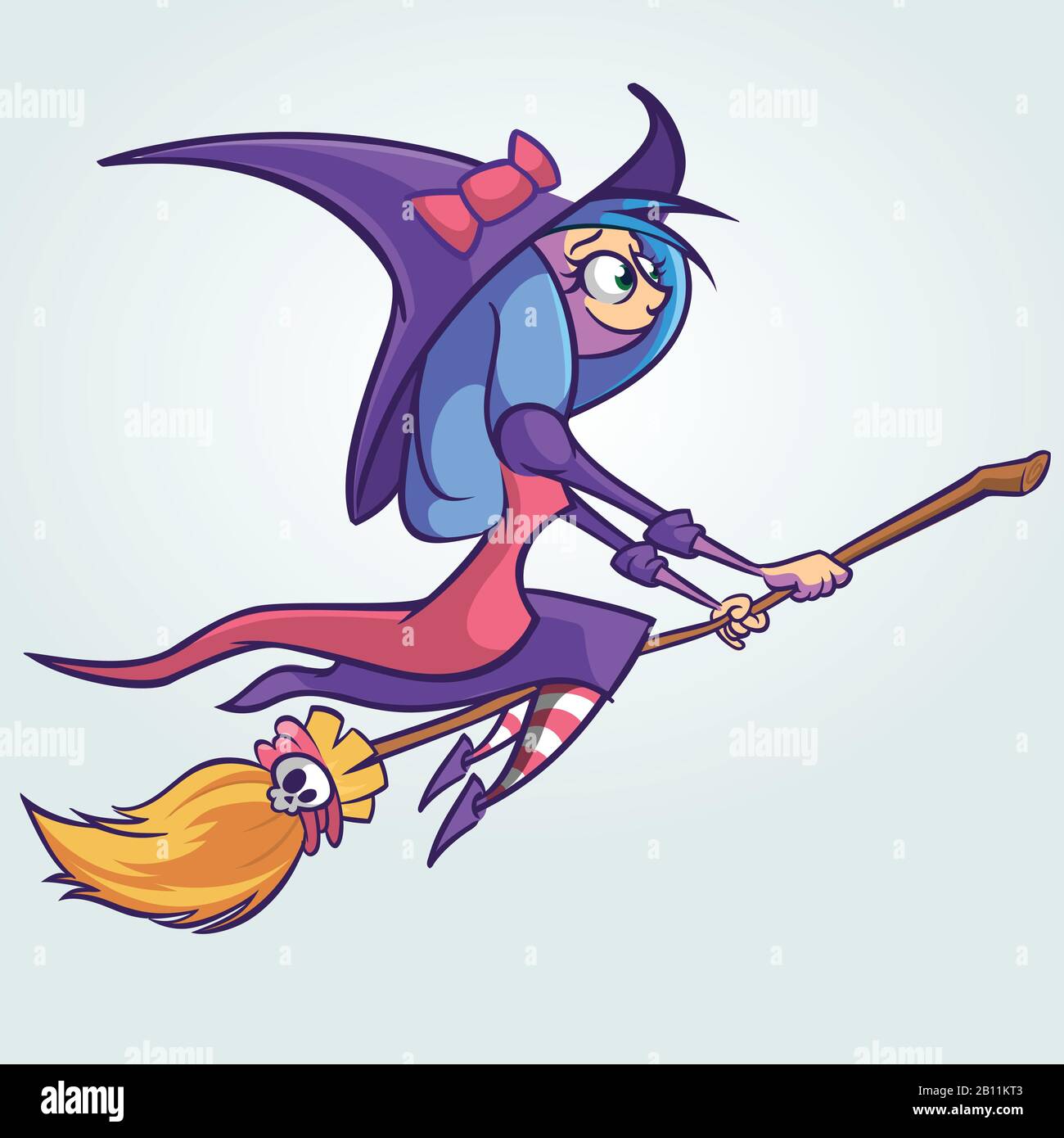 Halloween cute witch flying on her broom. Vector cartoon illustration ...