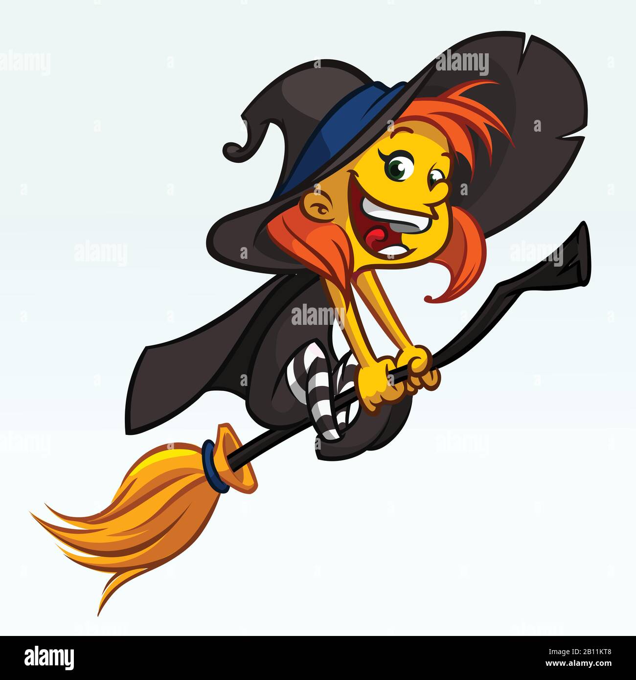 Cartoon pretty funny witch flying on her broom. Halloween vector ...