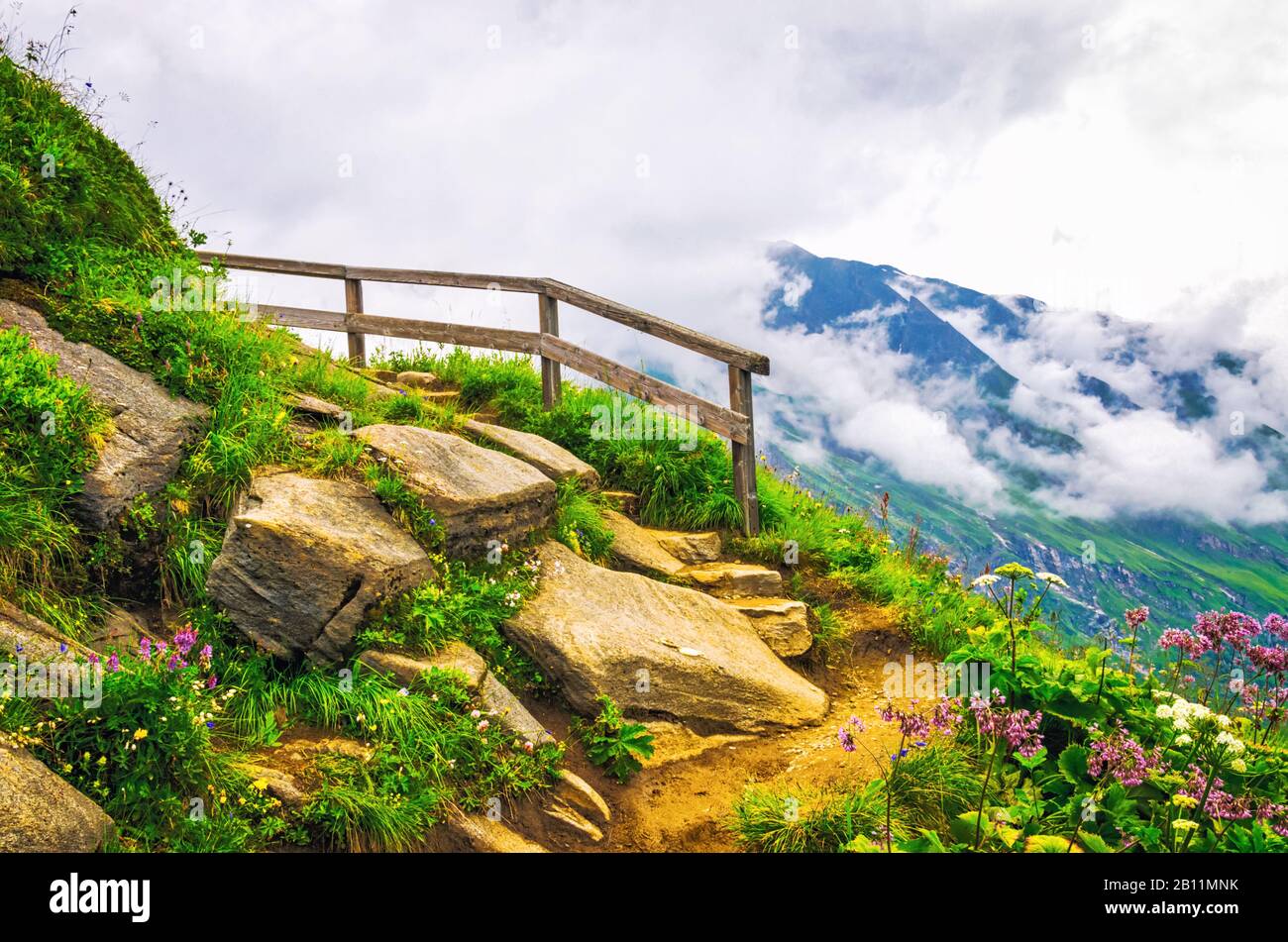 Scenic stone stair at thin way in high mountains in Alps, Austria Stock ...
