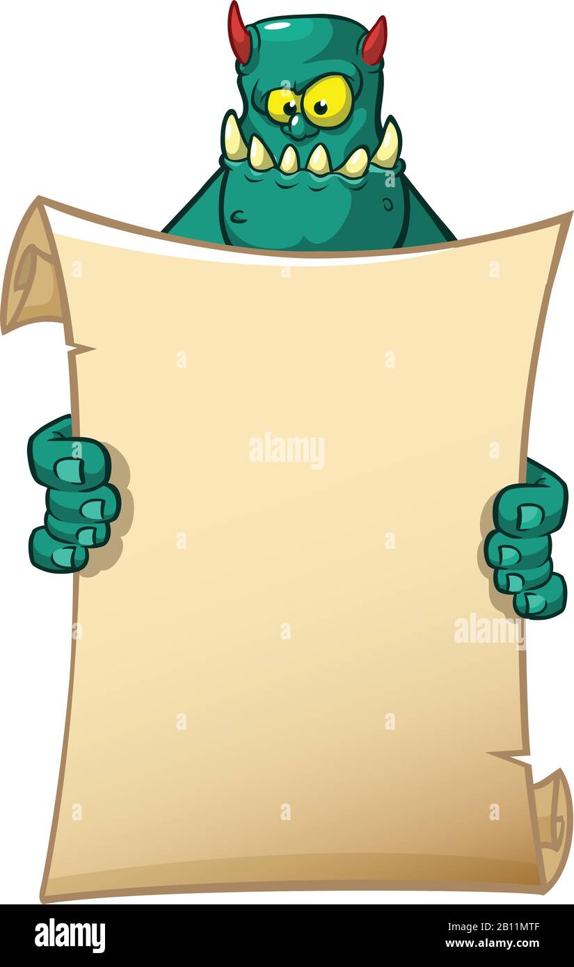 Cartoon monster holding blank empty scroll paper for text Stock Vector ...